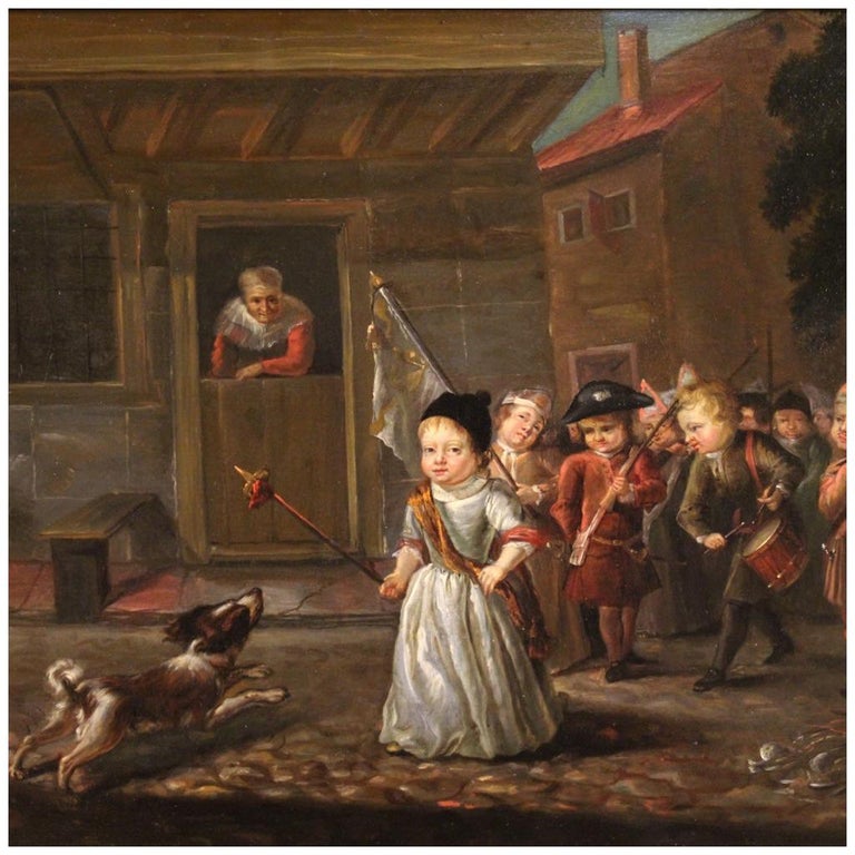 19th Century Oil on Panel German Painting Popular Scene Games of ...