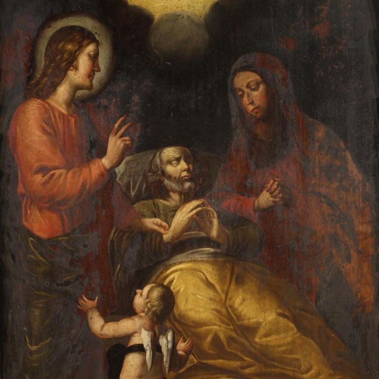 19th Century Oil on Panel Italian Antique Religious Painting Death of ...