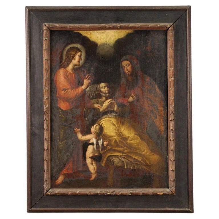 19th Century Oil on Panel Italian Antique Religious Painting Death of ...
