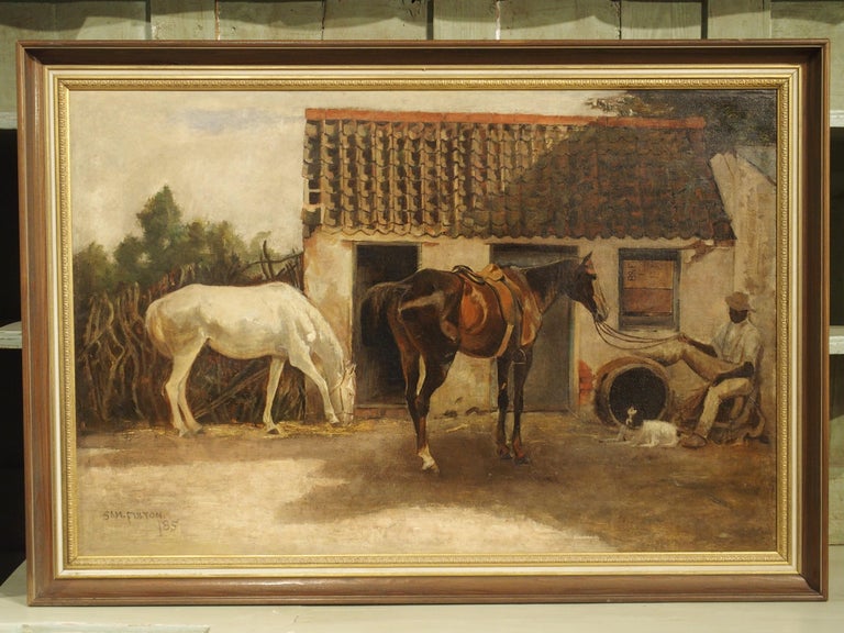 19th Century Oil Painting of Horses near the Stables at 1stDibs