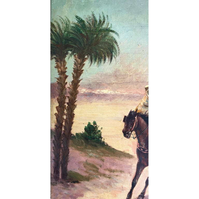 19th Century Orientalist Oil On Canvas Painting Of Running Horse and Arab Riders For Sale at 1stDibs
