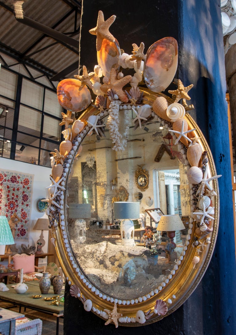 19th Century Oval Wall Mirror with Modern Shell Decoration For Sale at ...