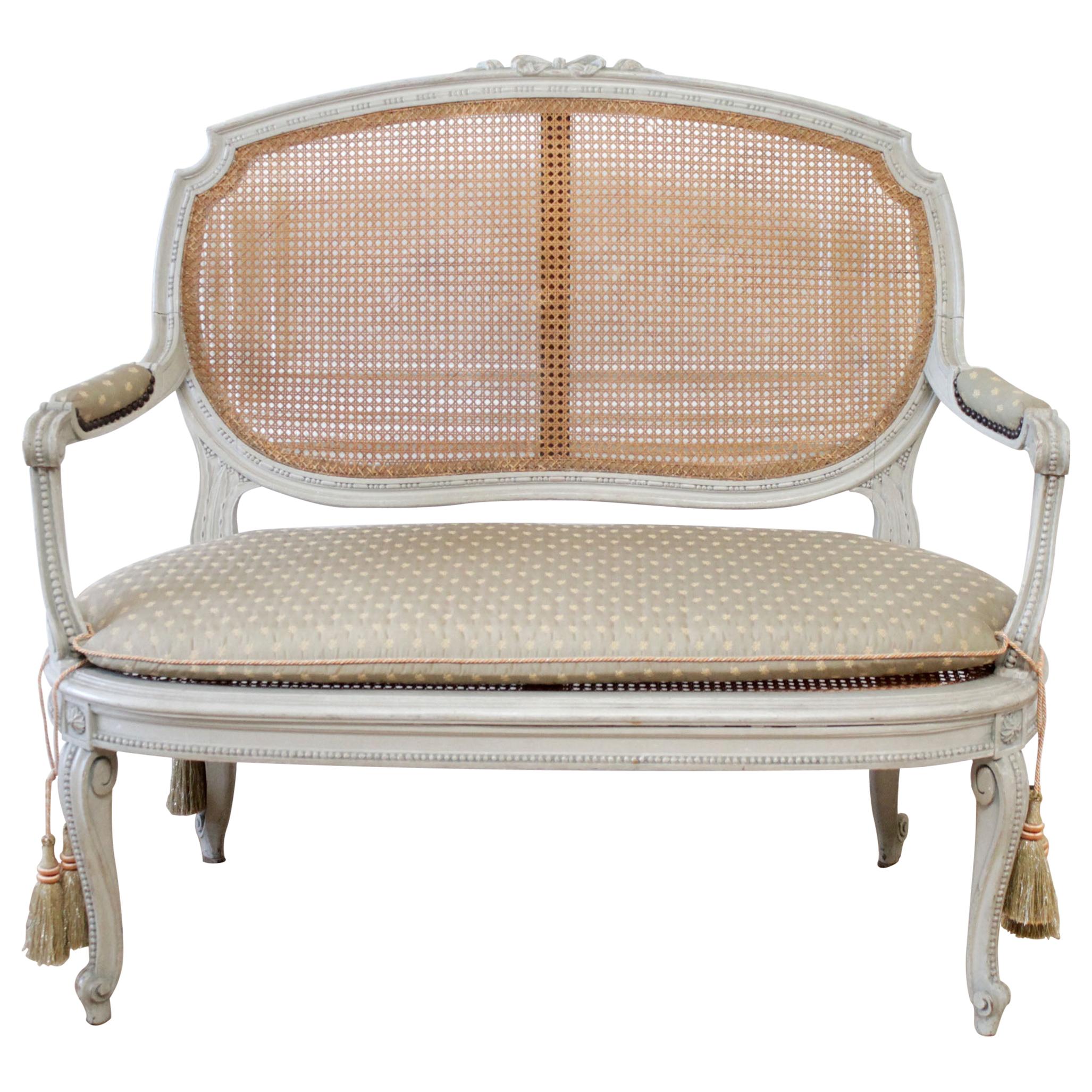 19th C. French Carved and Painted Cane Back Settee at 1stdibs