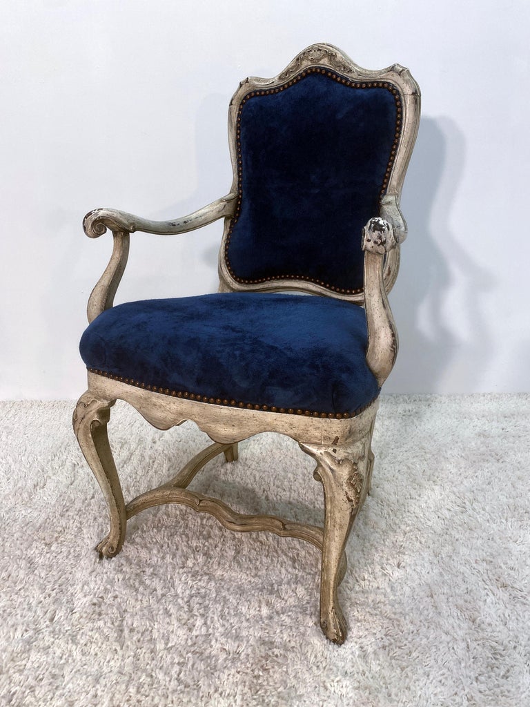 19th Century Painted Dutch Arm Chair in Blue Suede For Sale at 1stDibs
