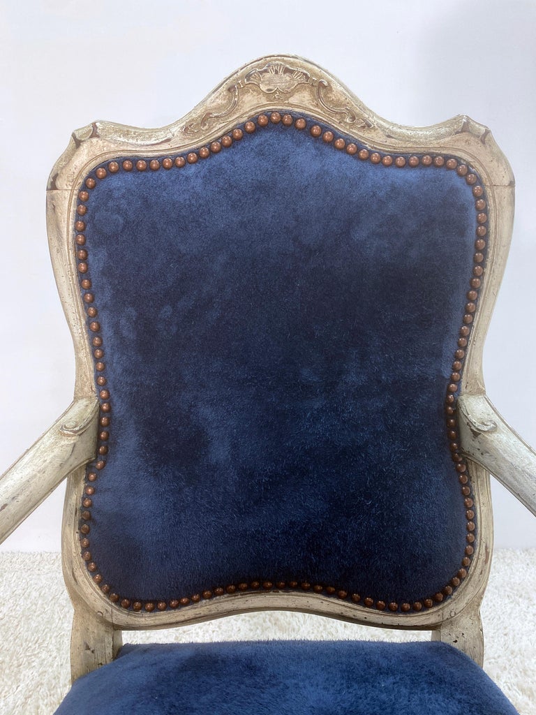 19th Century Painted Dutch Arm Chair in Blue Suede For Sale at 1stDibs