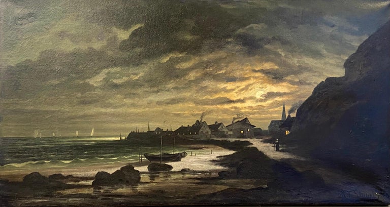 19th Century Painting "Moonlight" Oil on Canvas Signed by R. T. Stuart ...