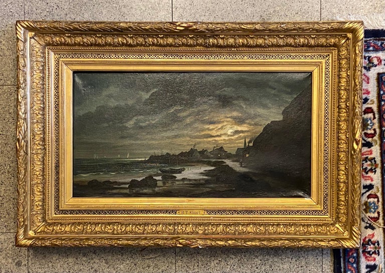19th Century Painting "Moonlight" Oil on Canvas Signed by R. T. Stuart ...