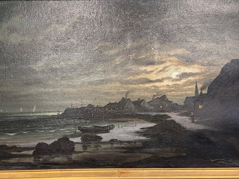 19th Century Painting "Moonlight" Oil on Canvas Signed by R. T. Stuart ...