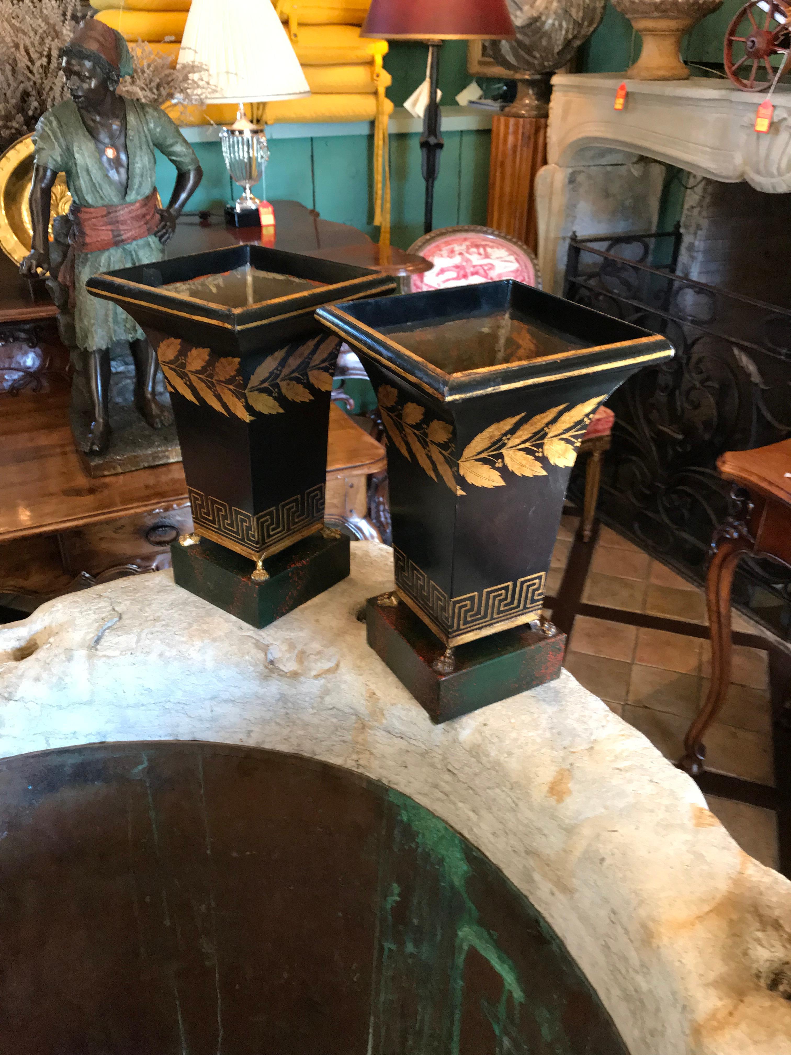 19th Century Pair Black Painted Tole Jardiniere Urn Cachepot Antique ...