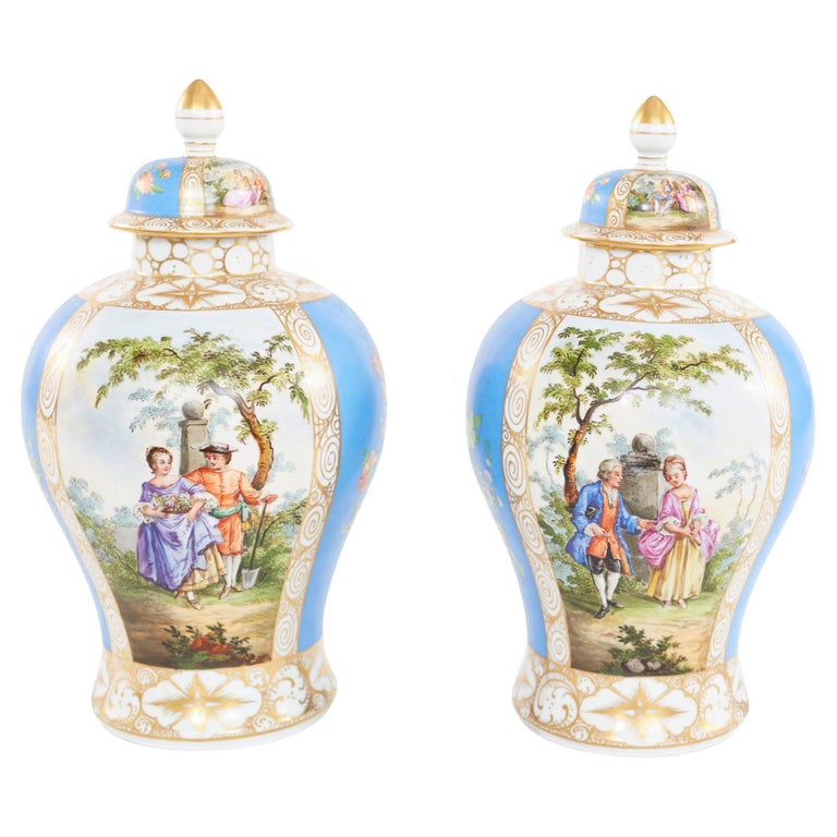 19th Century Pair German Porcelain Covered Urn For Sale at 1stDibs