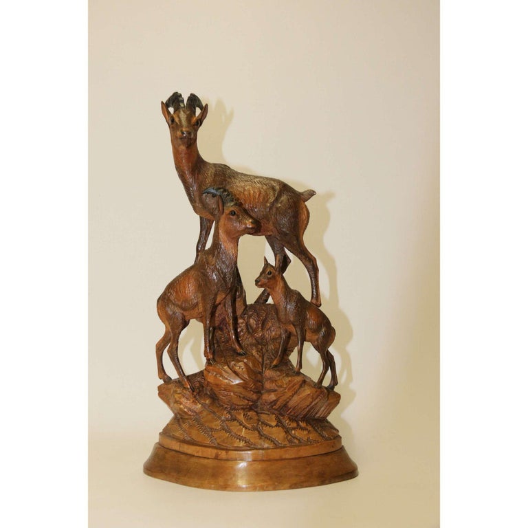19th Century Pair of Black Forest Carved Figures in the Form of Ibex ...