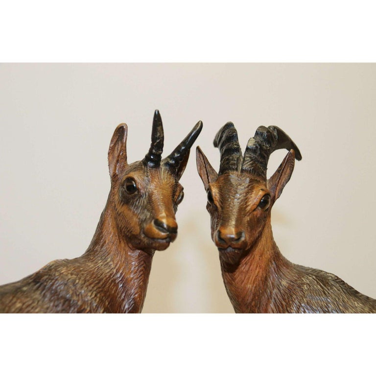 19th Century Pair of Black Forest Carved Figures in the Form of Ibex ...