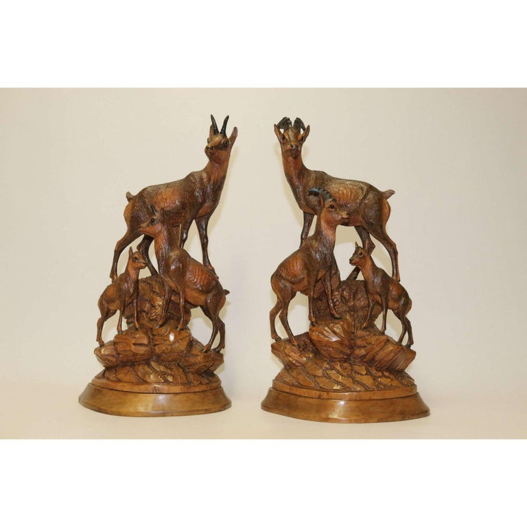 19th Century Pair of Black Forest Carved Figures in the Form of Ibex ...