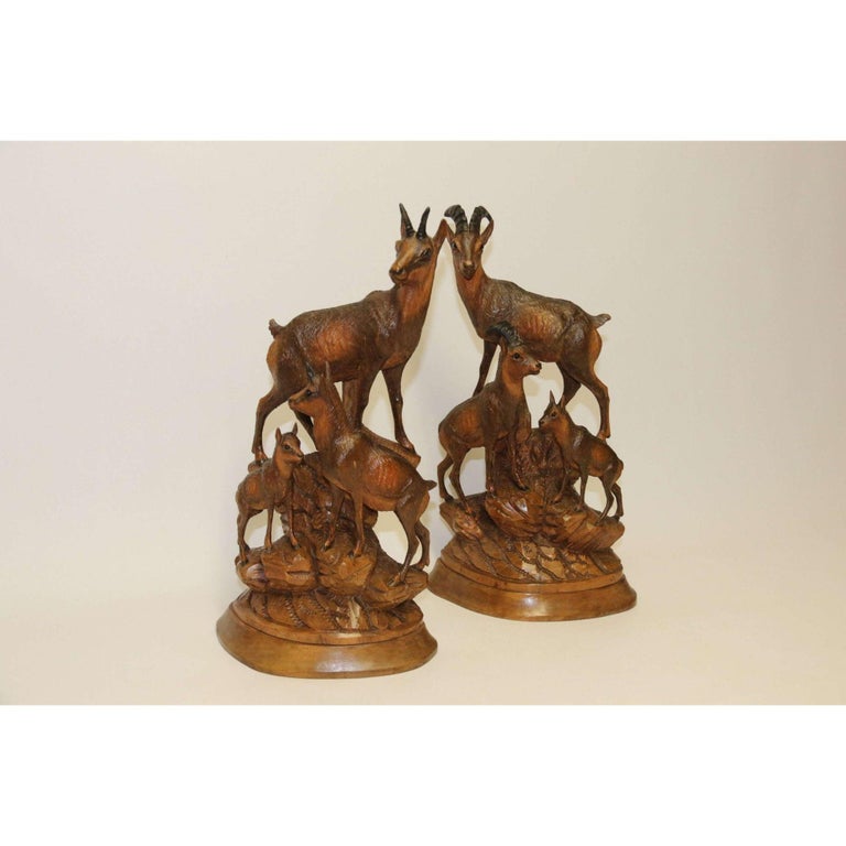 19th Century Pair of Black Forest Carved Figures in the Form of Ibex ...