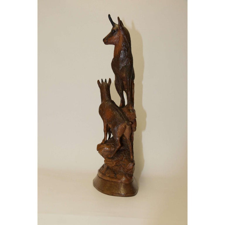19th Century Pair of Black Forest Carved Figures in the Form of Ibex ...