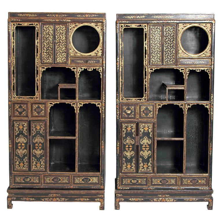 Pair of Chinese Black Lacquer Display Cabinets at 1stDibs