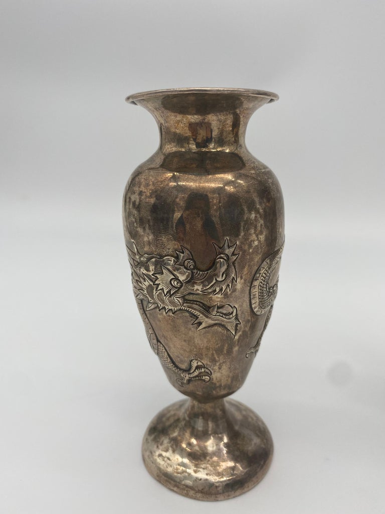 19th Century Pair of Chinese Silver Dragon Decorated Vases For Sale at ...