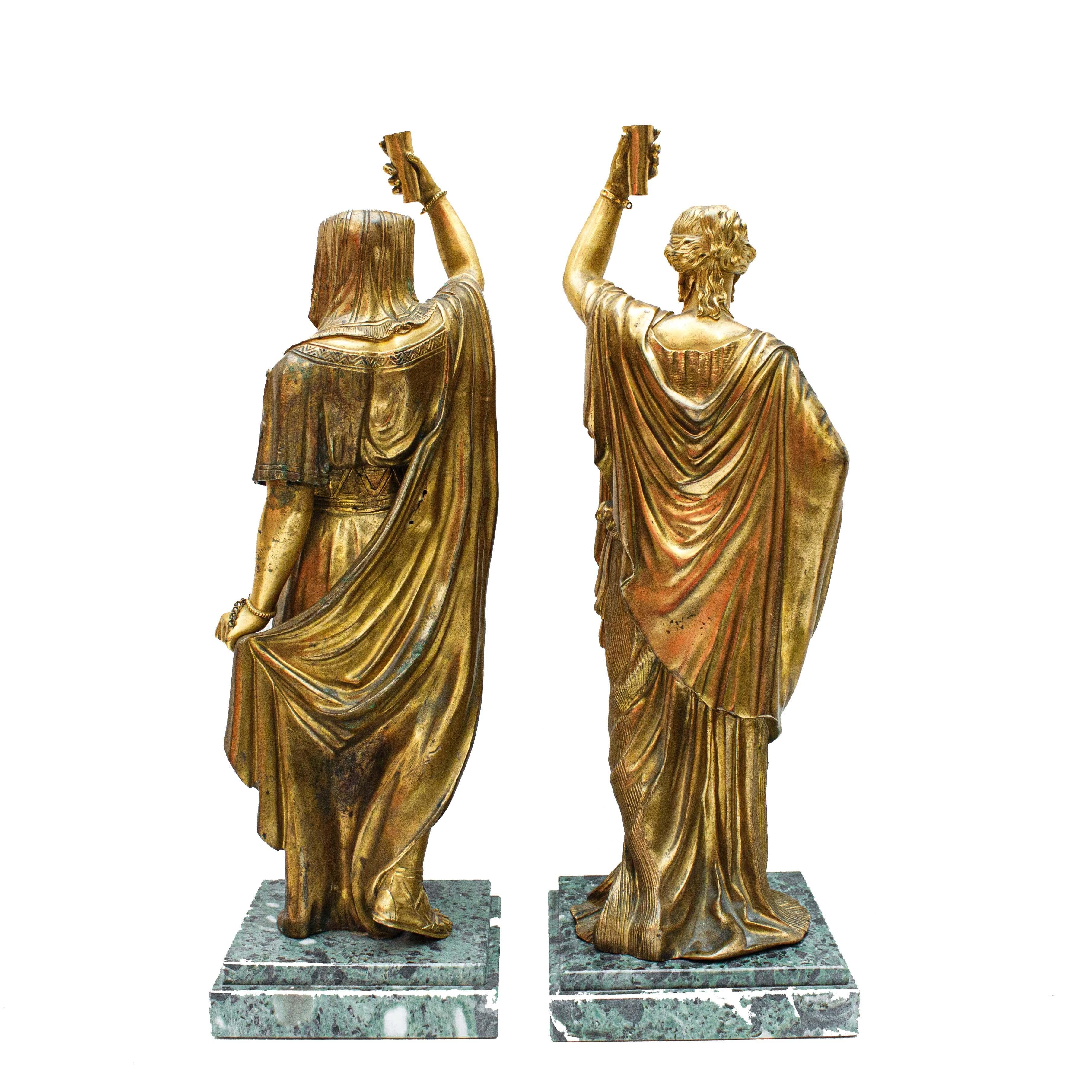 19th Century, Pair of Classic Torch-Holding Figures in Gilded Bronze ...