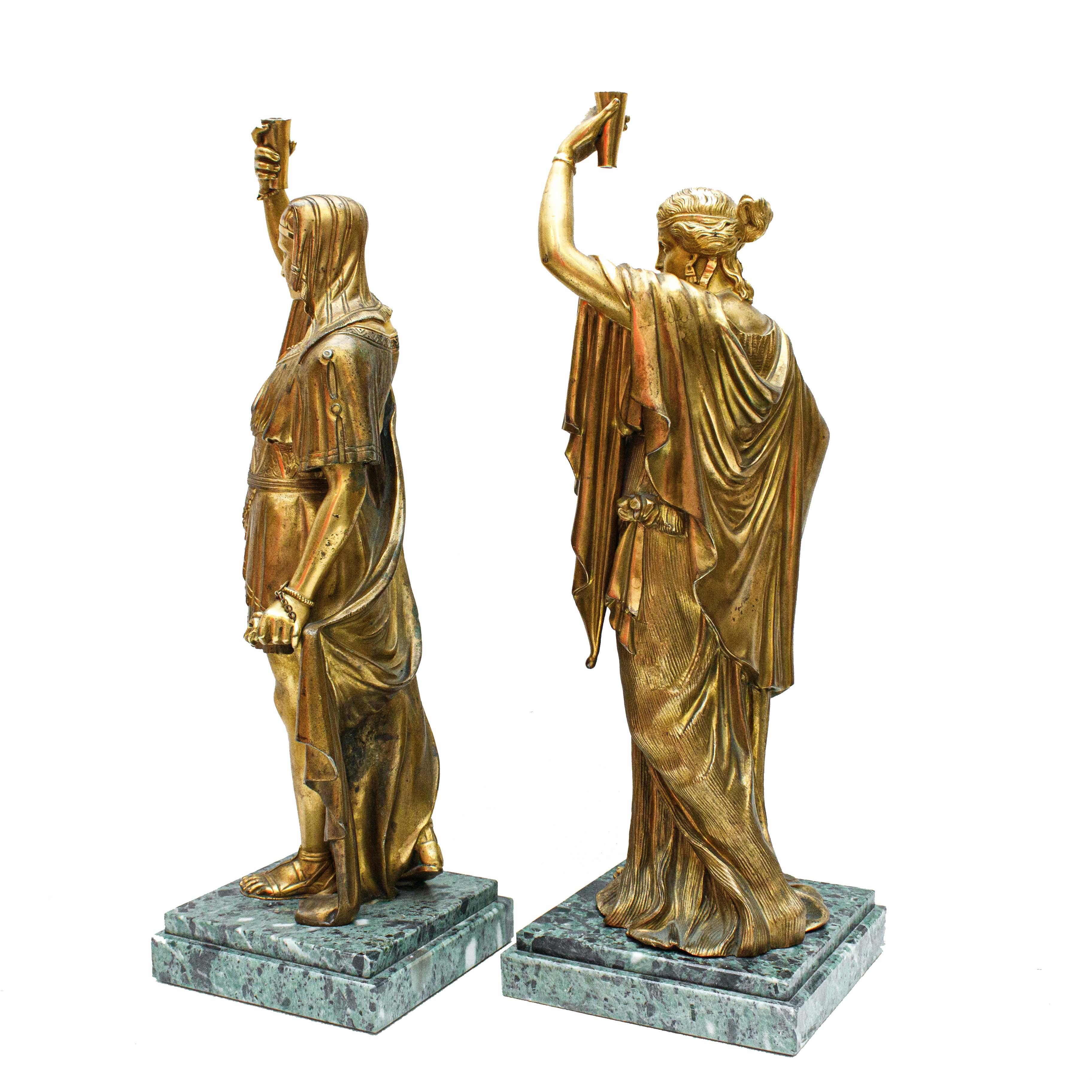 19th Century, Pair of Classic Torch-Holding Figures in Gilded Bronze ...