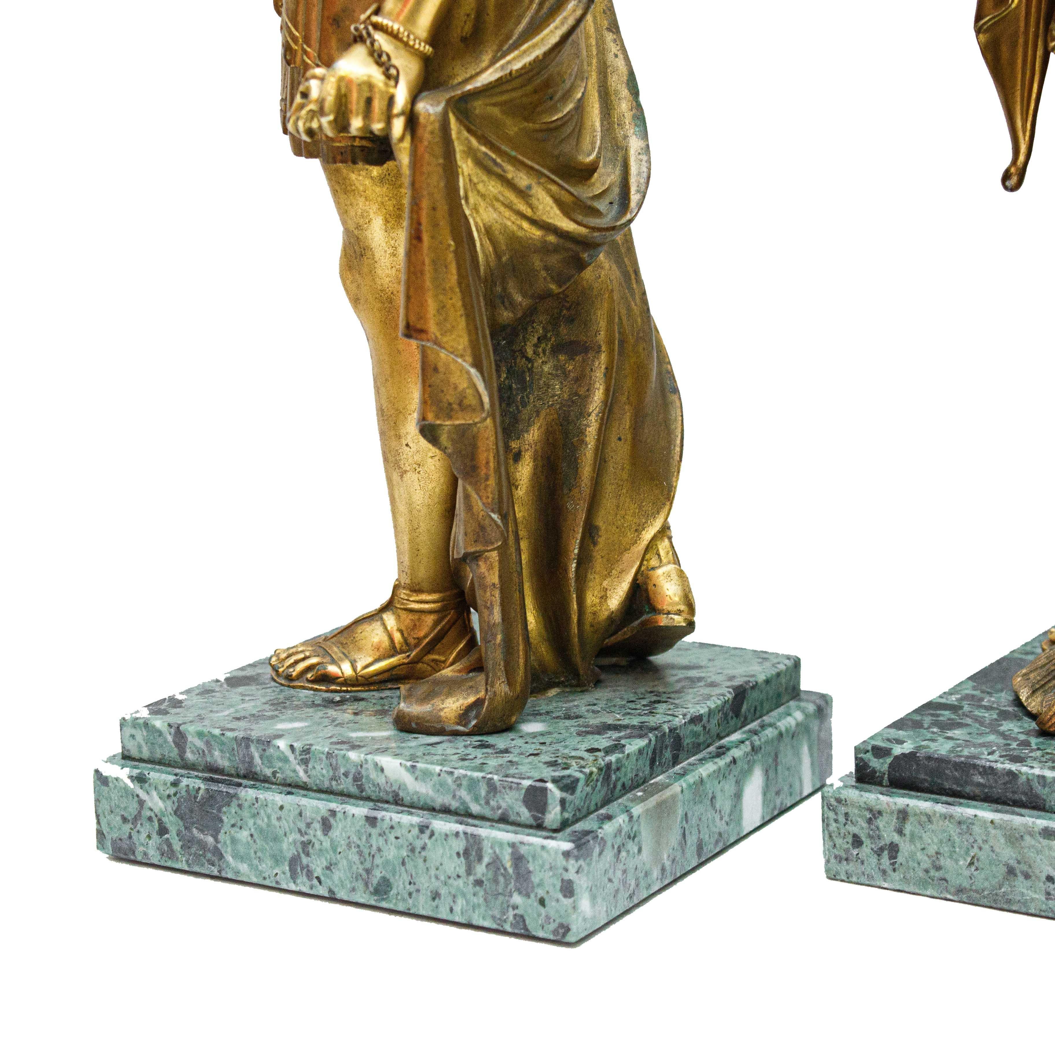 19th Century, Pair of Classic Torch-Holding Figures in Gilded Bronze ...