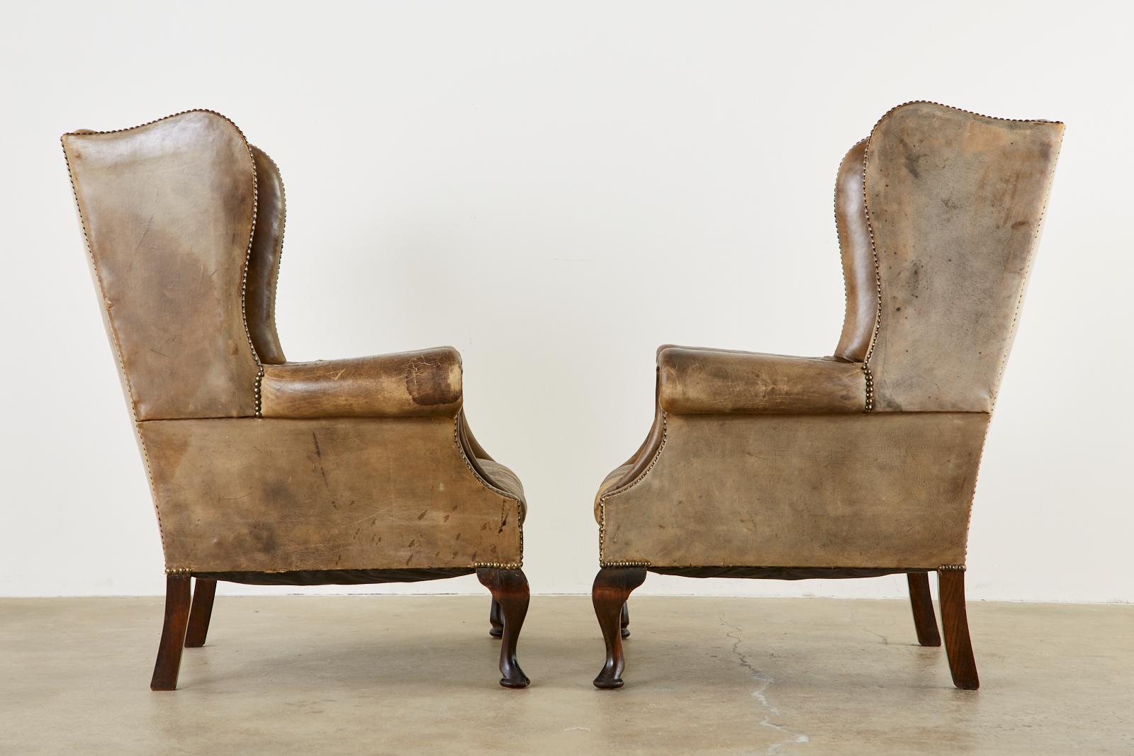 19th Century Pair of English Cigar Leather Wingback Library Chairs at ...
