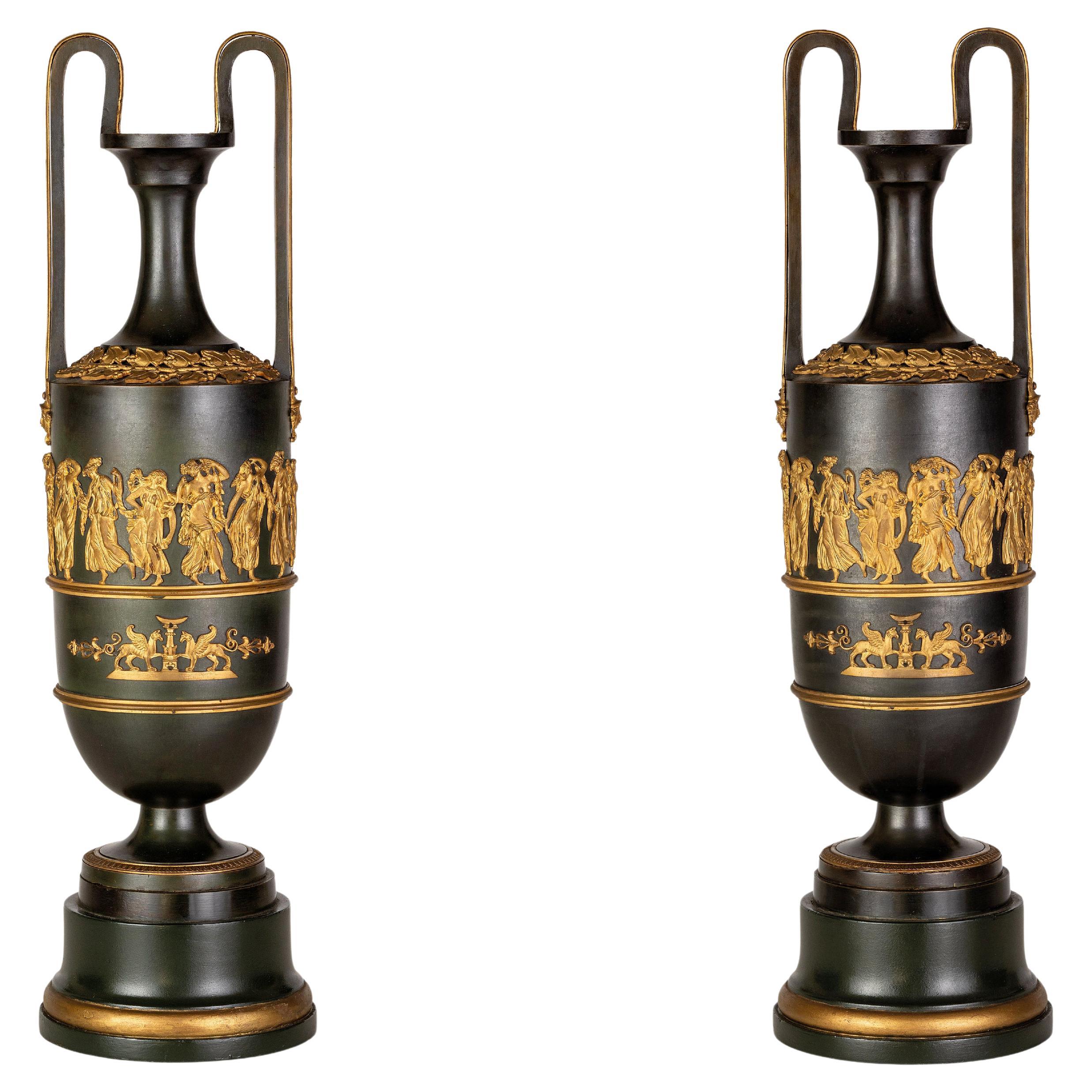 19th century, Pair of French Gilt and Burnished Bronze Amphora Vases ...