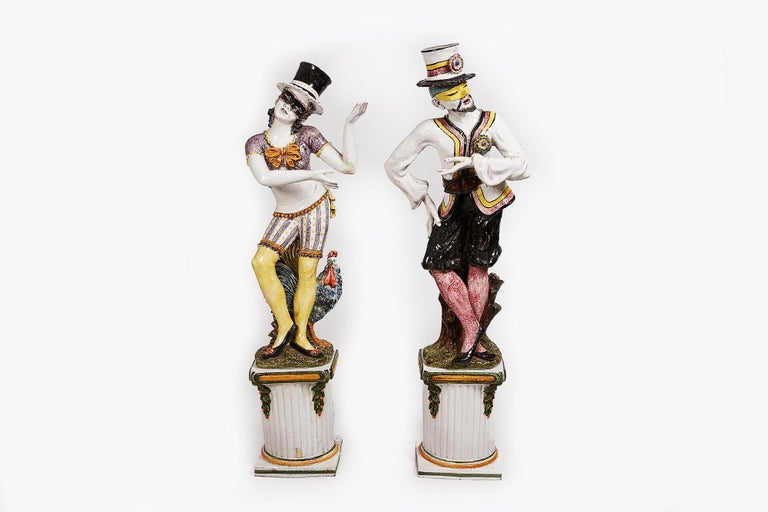 19th Century Pair of Large Ceramic Painted Statues on Plinths at ...