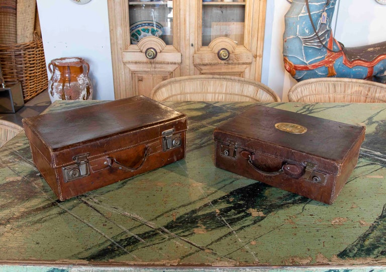 19th Century Pair of Leather Travelling Suitcases with Bronze Initials ...