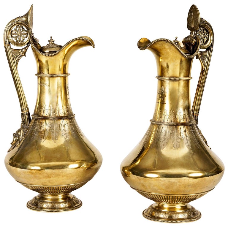 19th Century Pair of London Hall Marked Silver Gilt Lidded Ewers by ...