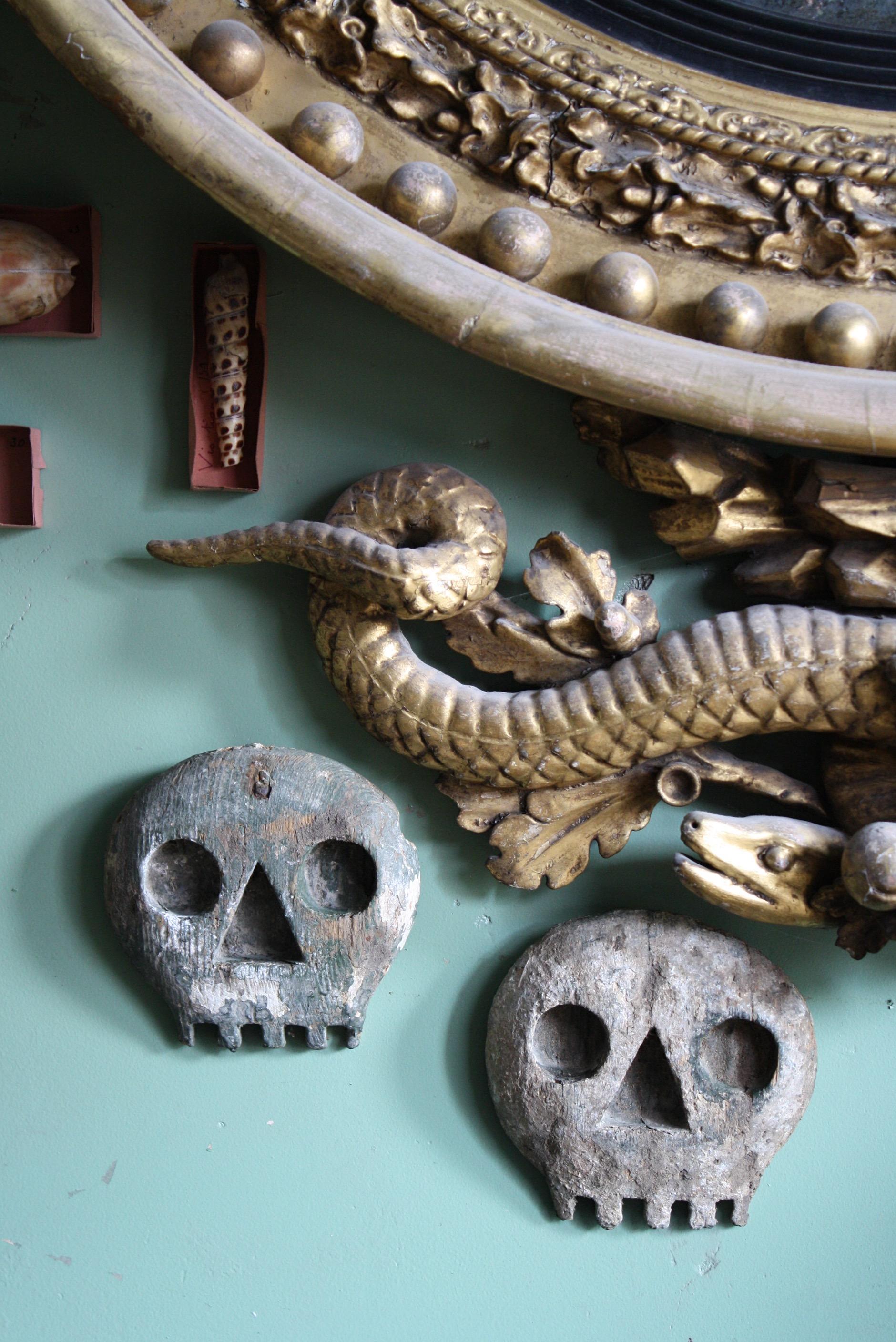 19th Century Pair of Memento Mori Carved Pine Folk Art Skulls at 1stDibs