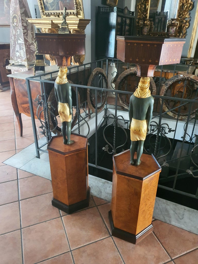 19th Century Pair of Pedestals, Coloumns Caryatids, Ebony, Maples burl ...