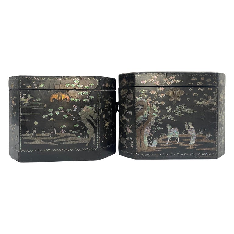19th Century Two Shell Inlaid Black Lacquer Big Chinese Storage Boxes ...