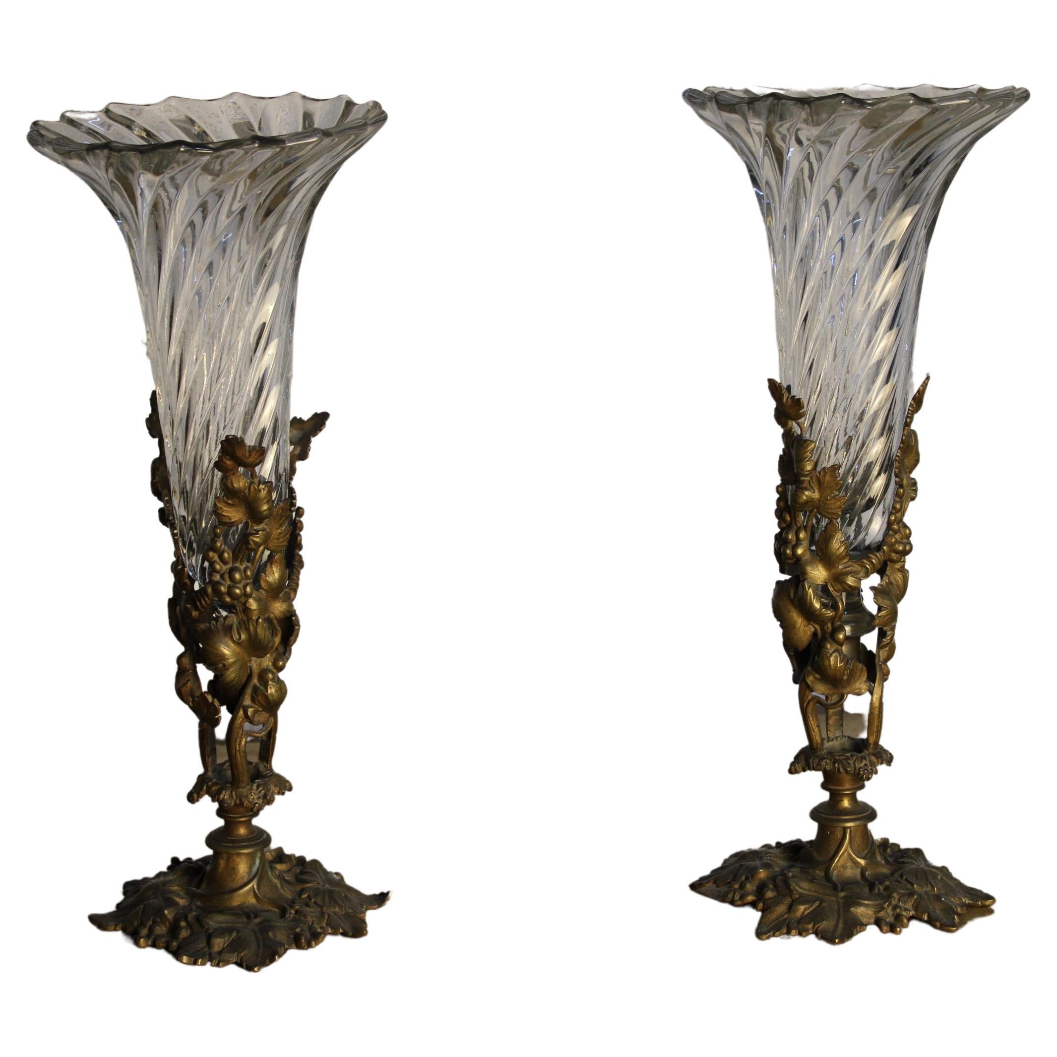 Exceptional Pair of Bronze-Mounted Crystal Vases Surmounted on Marble ...