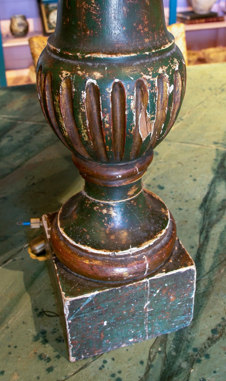 19th Century, Pair of Wooden Baluster Lamps Polychromed in Green For ...