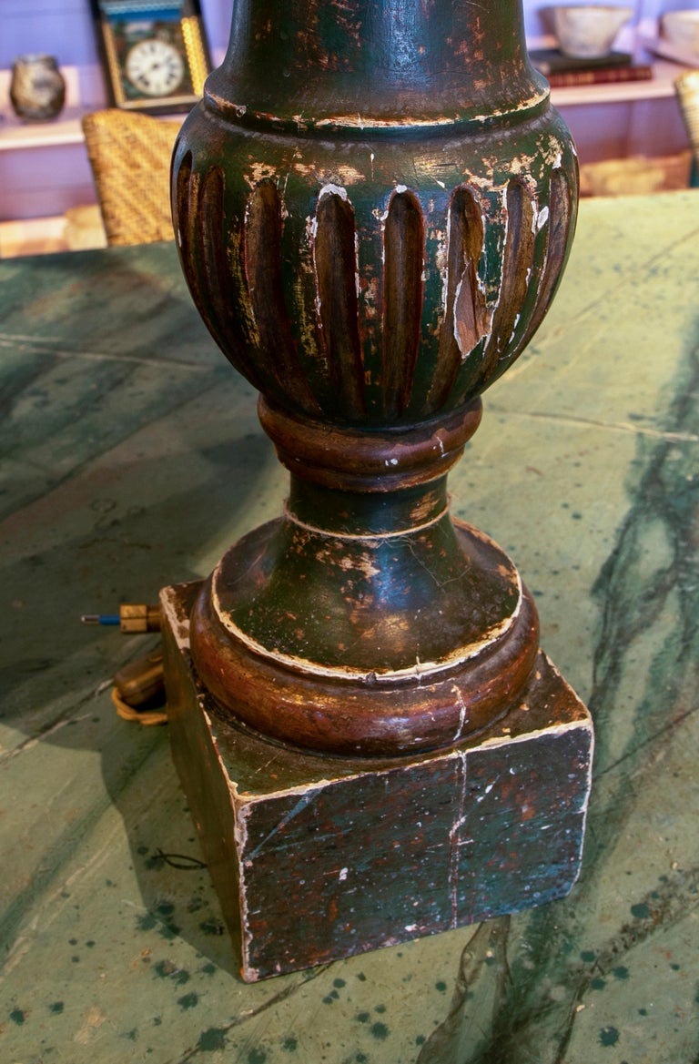 19th Century, Pair of Wooden Baluster Lamps Polychromed in Green For ...
