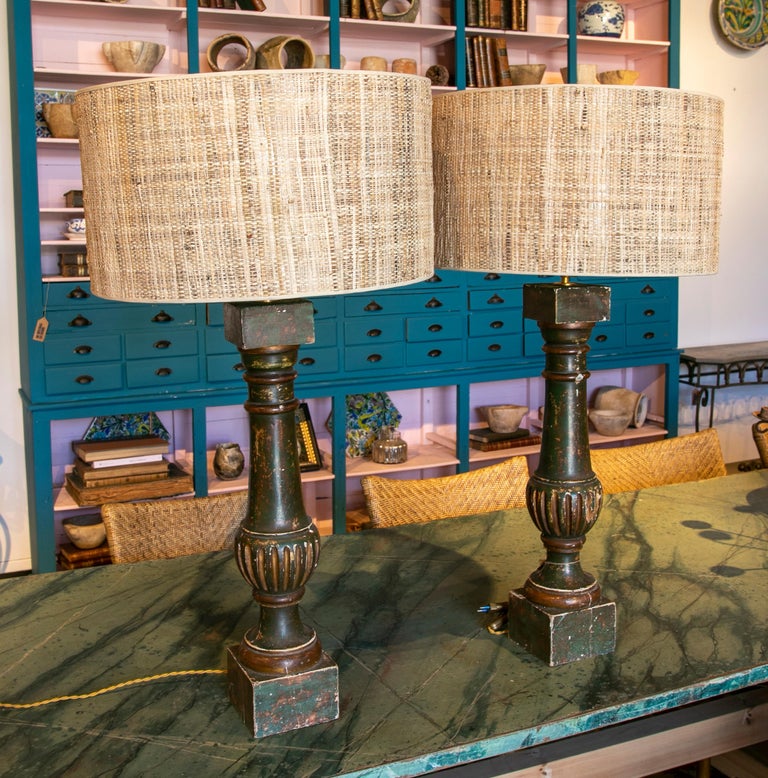 19th Century, Pair of Wooden Baluster Lamps Polychromed in Green For ...