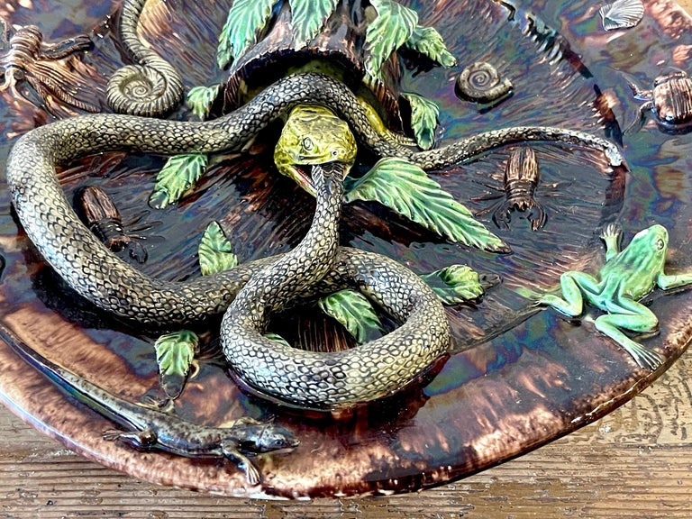 19th Century Palissy Majolica Snake and Lizard Charger For Sale at 1stDibs