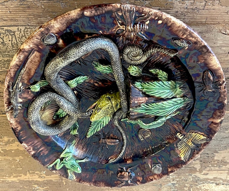 19th Century Palissy Majolica Snake and Lizard Charger For Sale at 1stDibs