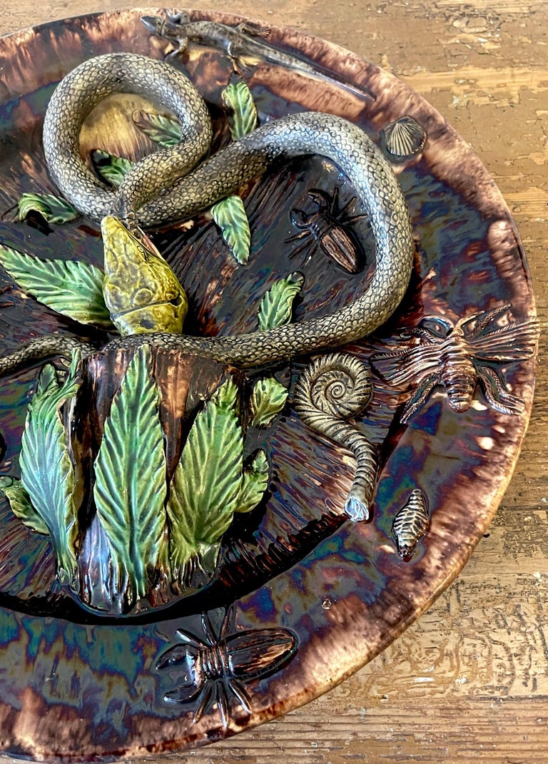 19th Century Palissy Majolica Snake and Lizard Charger For Sale at 1stDibs