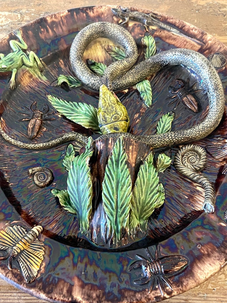 19th Century Palissy Majolica Snake and Lizard Charger For Sale at 1stDibs