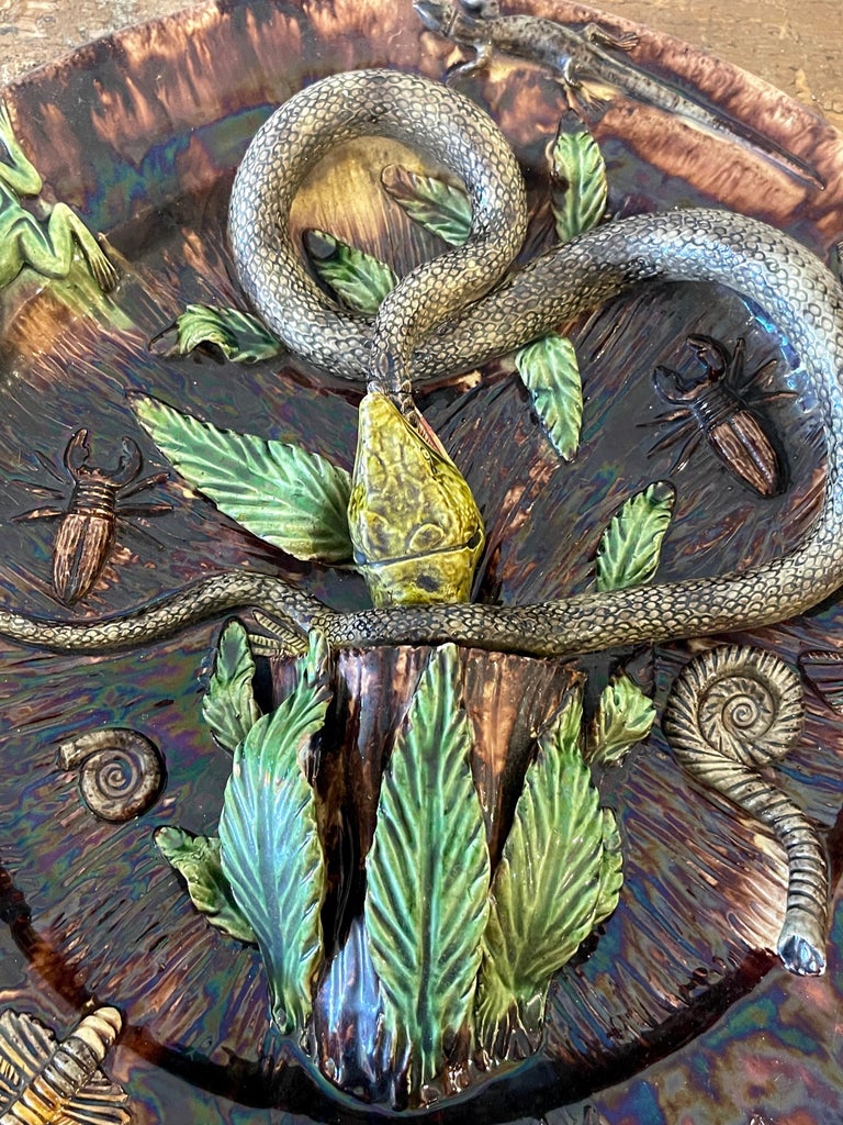 19th Century Palissy Majolica Snake and Lizard Charger For Sale at 1stDibs