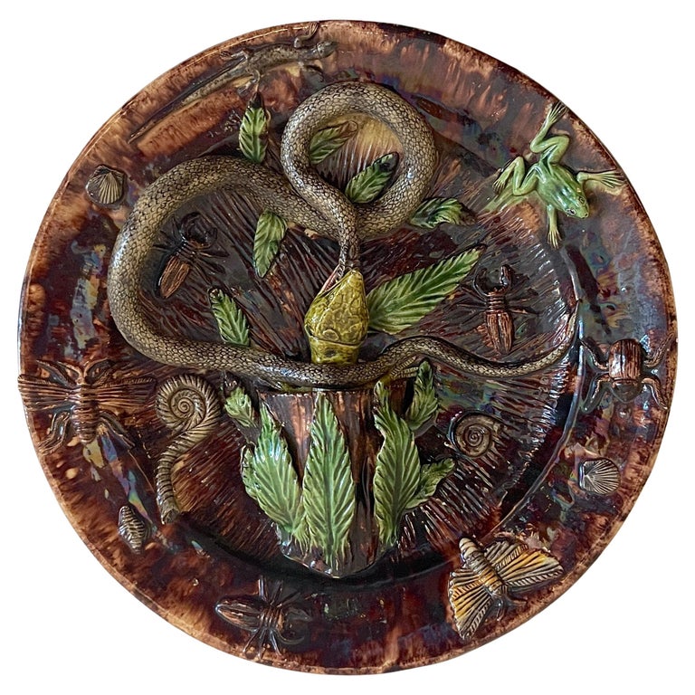 19th Century Palissy Majolica Snake and Lizard Charger For Sale at 1stDibs