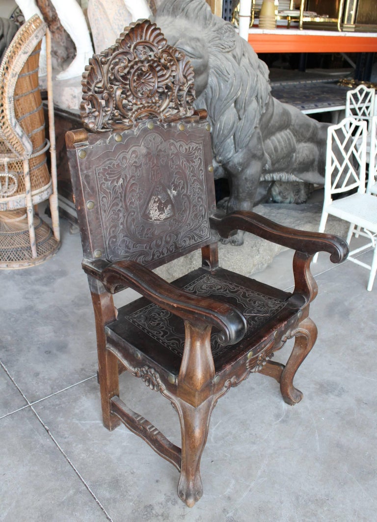 19th Century Peruvian Hand-Carved Chestnut Armchair For Sale at 1stDibs