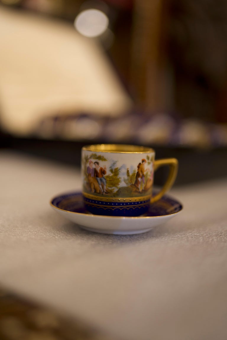 19th Century Porcelain, 12 Piece Painted Cups and Saucers Cobalt Blue ...