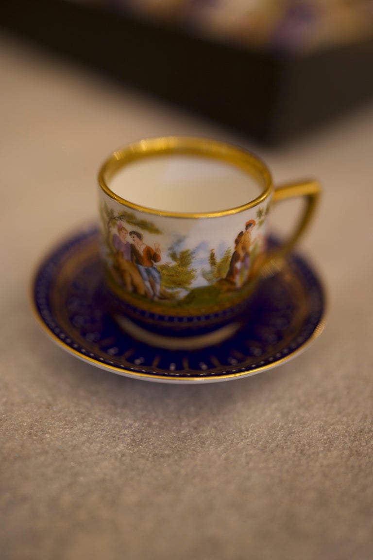 19th Century Porcelain, 12 Piece Painted Cups and Saucers Cobalt Blue ...