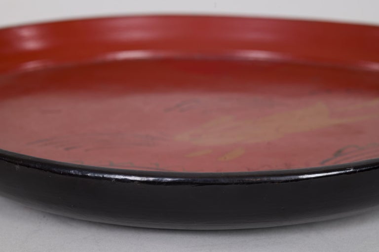 19th Century Red Lacquer Tray with Rabbit Running Over Waves Under Full ...