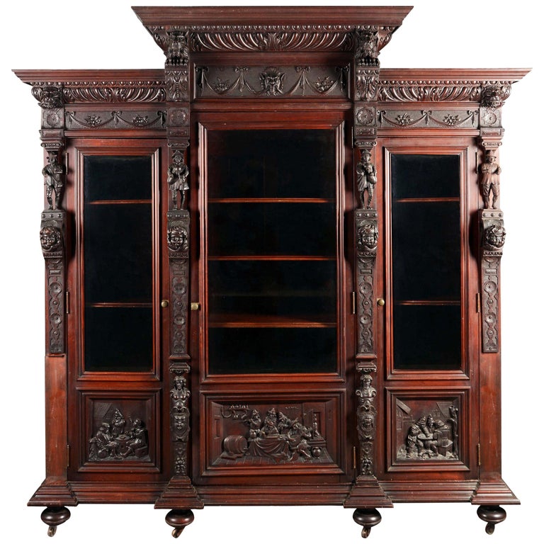 19th Century Red Mahogany Renaissance Bookcase with Caryatids and ...