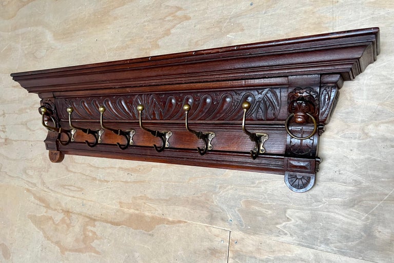 19th Century Renaissance Revival Wall Coat Rack w Lion Sculptures and ...