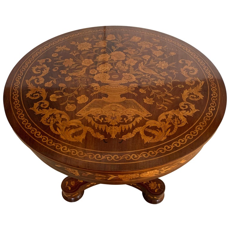 19th Century Rococo Marquetry Round Pedestal Table at 1stDibs
