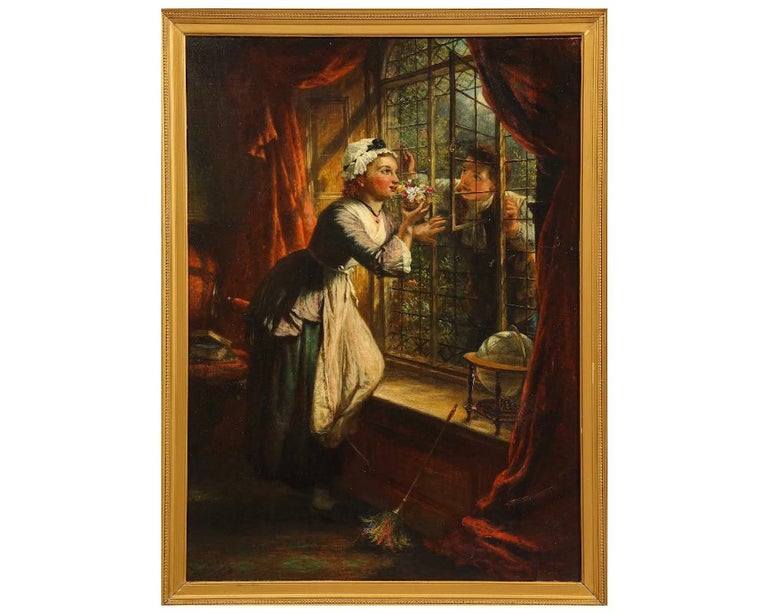 19th Century Romantic English Painting of a Maid and Her Lover, Signed ...